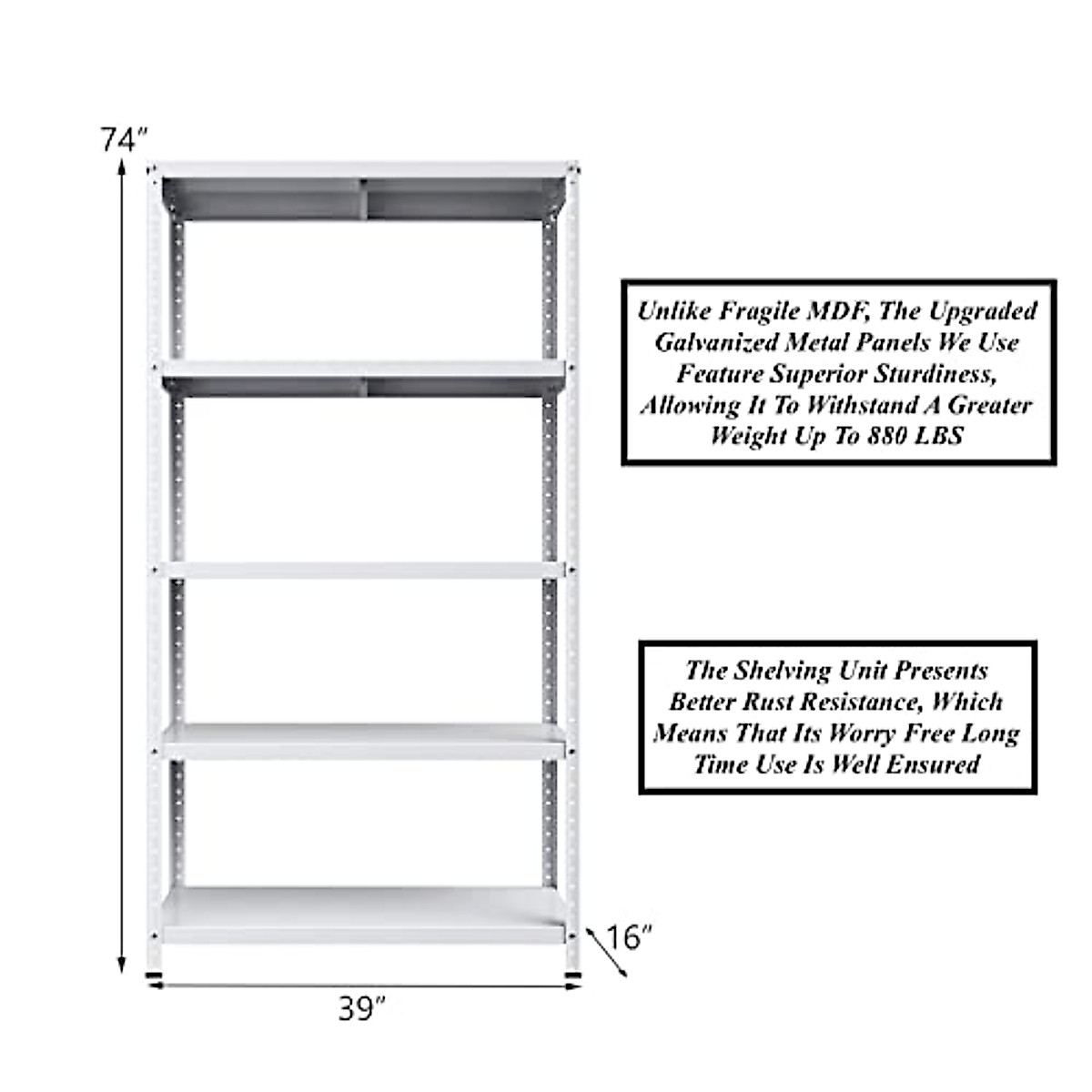 White 5-Tier Metal Shelving Unit Heavy Duty Garage Warehouse Storage Rack Workbench Strong Galvanized Metal Plates Adjustable Shelves Adjustable Layout Can Be Split Into 2 Small Utility Storage Racks