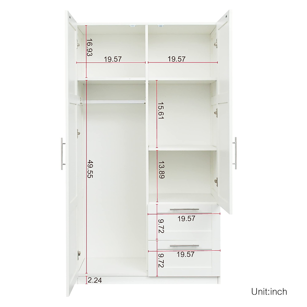 High Wardrobe and Kitchen Cabinet with 2 Doors, 2 Drawers and 5 Storage Spaces,White