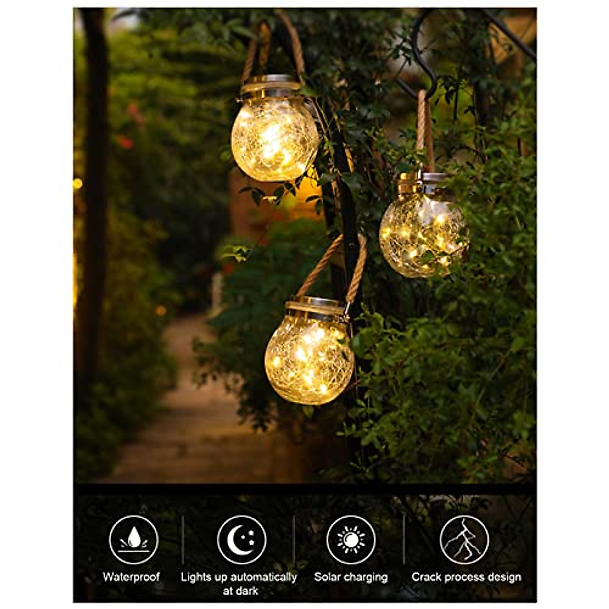 Solar Lantern, LED Hanging Outdoor Lanterns Waterproof, Round Cracked Style Light for Garden Yard, Patio, Lawn Decoration