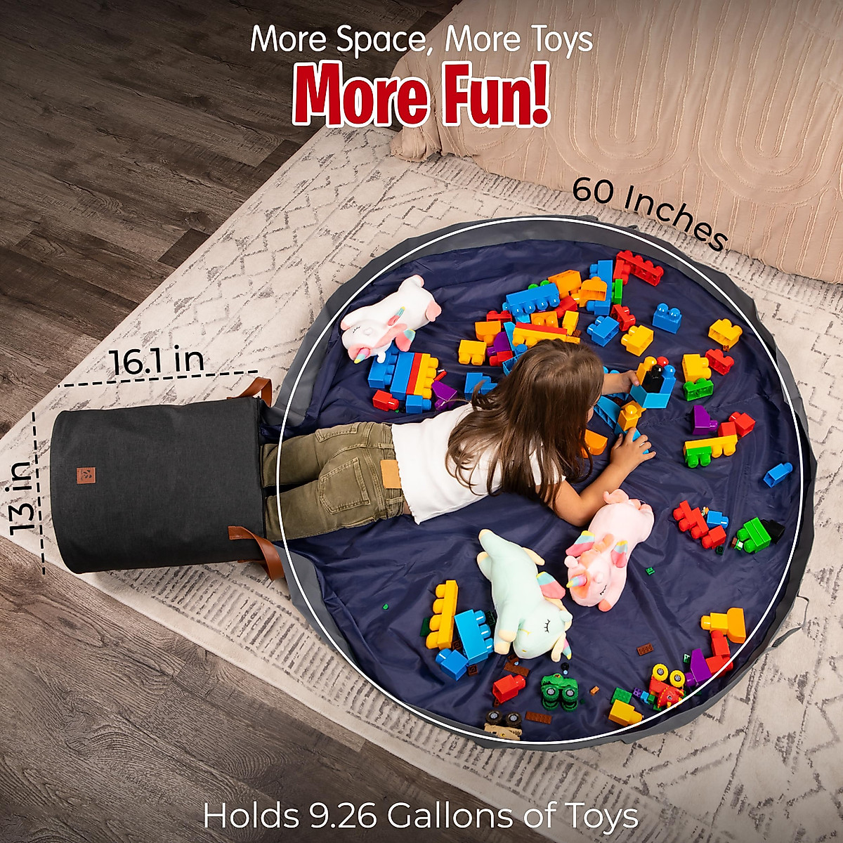 Toy Storage Basket and Playmat - Large Toy Blanket Storage Mat with Zippers - Slide Away Canvas Bag Storage Bin - Sturdy Kids Storage Baskets & Mat - Toy Bag Play Mat For Girls & Boys, Dark Charcoal