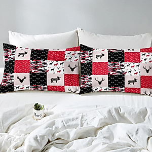 Erosebridal Boys Camo Comforter Set, Deer Silhouette Bedding Set Twin for Kids Teens Adult, Black White Red Camouflage Quilted Comforter Antlers Grid Checkered Down Comforter with 1 Pillow Case