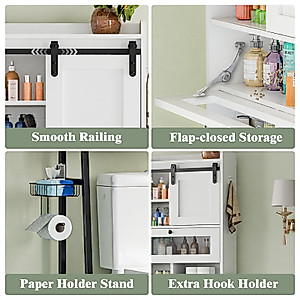 Over The Toilet Storage Cabinet, Storage Cabinet Over Toilet with Sliding Door & Toilet Paper Holder Stand, Freestanding Toilet Shelf Washer Shelf Space Saver Bathroom Organizer, White