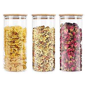 Lawei 3 pack Glass Storage Jars with Sealed Bamboo Lids - 51 oz Clear Glass Bulk Food Storage Canister for Serving Tea, Coffee, Spice, Candy, Cookie