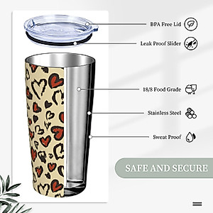 JASROTAO Heart Leopard Tumbler,Leopard 20oz Stainless Steel Insulated Travel Tumbler,Travel Coffee Mug with Lid and Straw Water Bottle Drink Tumbler Cups Gifts for Women Men Lovers