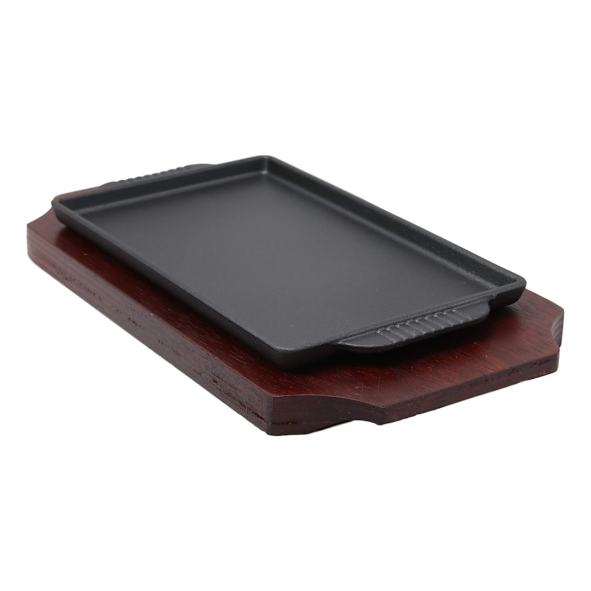 Ebros Personal Size Cast Iron Sizzling Fajita Pan Skillet Japanese Steak Plate With Wood Underliner Base Restaurant Home Kitchen Cooking Supply (Rectangular 9.25"L X 5.25"Wide)