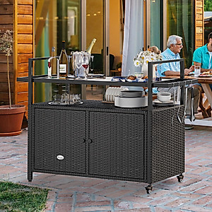YITAHOME Large Portable Outdoor Wicker Bar Table, Wheels and Black Glass Table Top for Patio Kitchen and Bar Cart (Dark Brown)
