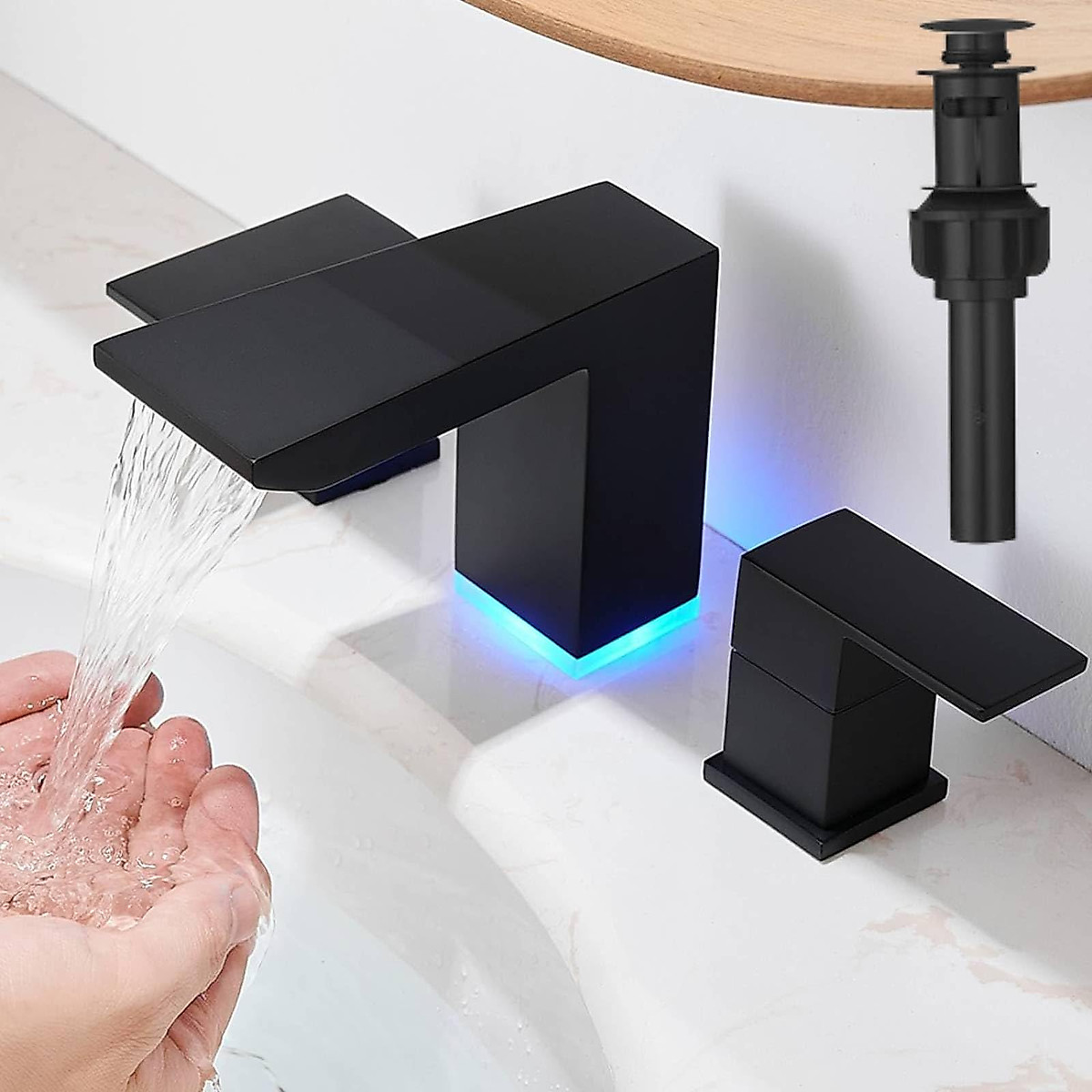 BESy Led 3 Hole Bathroom Sink Faucet, Matte Black Waterfall Wide Spread Bathroom Faucet with 3 Colors Light Changing, Widespread Vanity Faucet 2 Handle with Supply Lines with Pop Up Drain