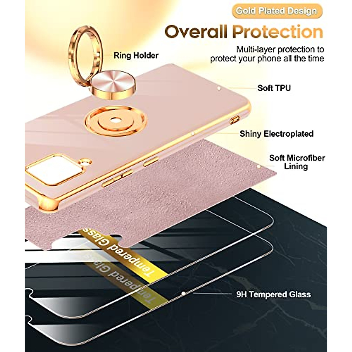 LeYi for Samsung Galaxy A42 5G Case with Tempered Glass Screen Protector [2 Pack] 360° Rotatable Ring Holder Magnetic Kickstand, Plating Rose Gold Edge Protective Case, Pink