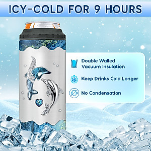 Wassmin Dolphin Tumbler Can Cooler 4-in-1 Dolphin Gift For Women Girls Teen Dolphins Jewelry Drawings Stainless Steel Insulated Tumblers 16oz Cup witj Lid Birthday Christmas Presents