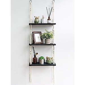 TIMEYARD Macrame Shelf Hanging Shelves, Wooden Wall Shelf with Woven Rope, Black Floating Shelves Storage Organizer, 3 Tier Shelf Boho Decor for Living Room, Bathroom, Bedroom