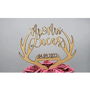 Personalized Antler Wedding Cake Topper, Script Name Wedding Cake Topper, Rustic Wedding Cake Topper, Country Wedding Cake Topper, Personalized deer topper, Stained wood topper for wedding