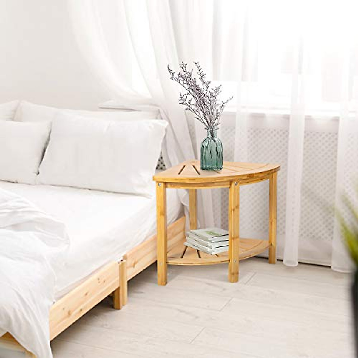 OasisCraft Corner Shower Bench Bamboo Shower Stool for Inside Shower Corner Shelf Shower Seat Bathroom Spa Stool with Shelf