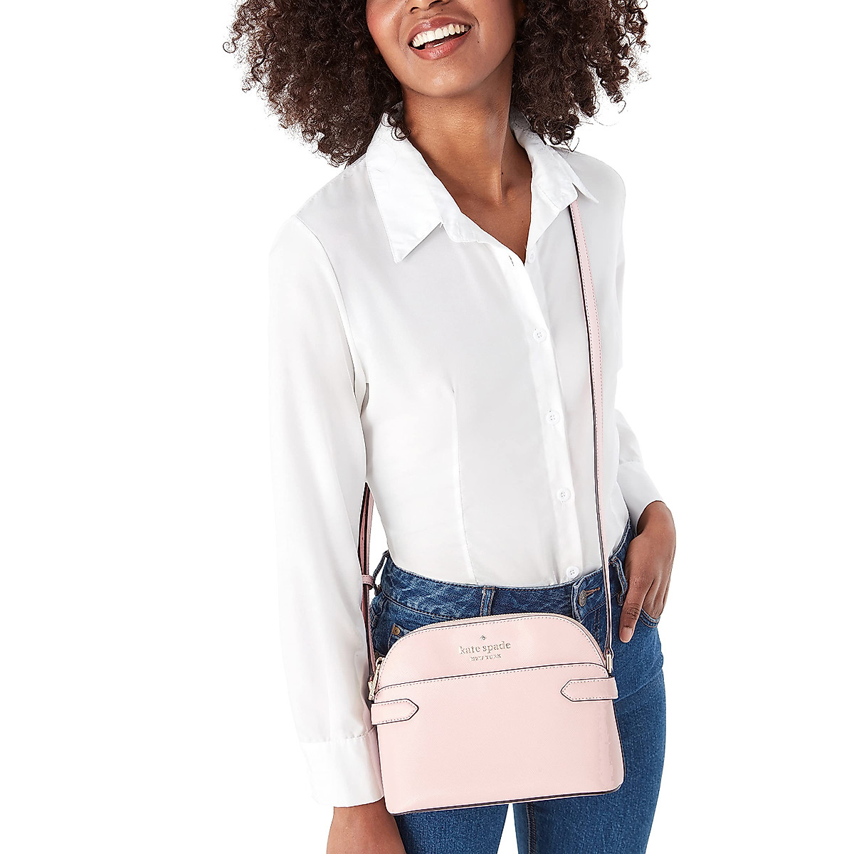 Kate Spade Staci Dome Saffiano Leather Crossbody Bag Purse Handbag, LIGHT CREPE