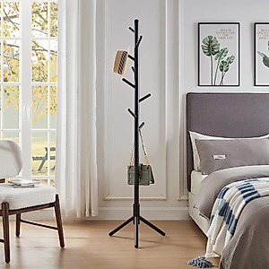 YEVONNIE Solid Rubber Wood Coat Rack, Free Standing Coat Rack, Tree-Shaped Coat Rack with 8 Hooks, 3 Height Options, for Clothes, Hats, Bags, for Living Room, Bedroom, Home Office