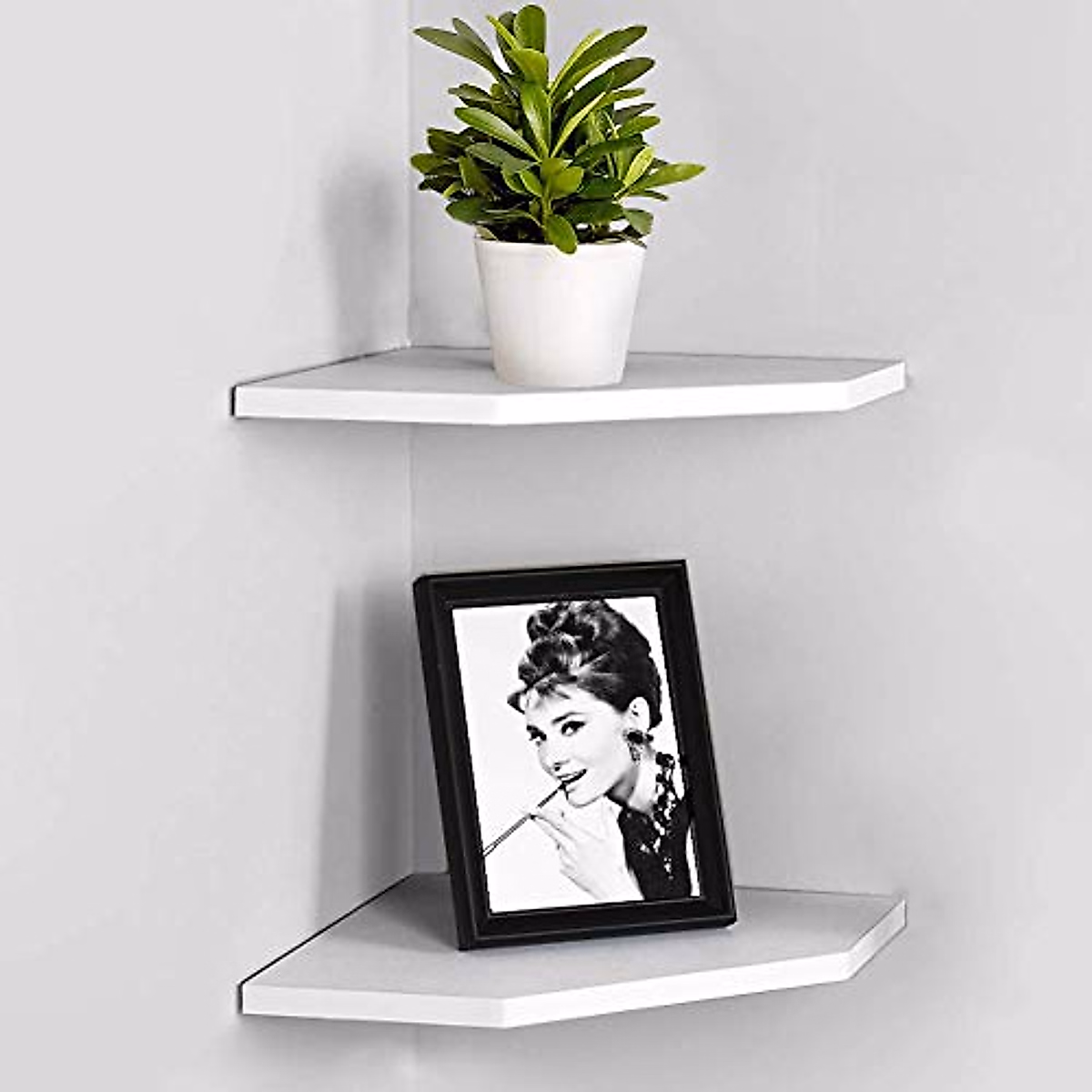 RANK Floating Corner Shelves Wall Mounted Display Organizer Storage Shelf Set of 2 for Bathroom, Bedroom, Living Room, Kitchen, Office and More (White)