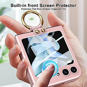 DOOTOO for Samsung Galaxy Z Flip 5 Case with Ring Holder Matte PC Built-in 9H Glass Screen Protector All-Inclusive Shockproof Case (Pink)