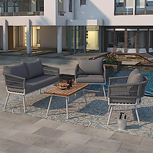 RuiSiSi 4 Piece Boho Rope Patio Furniture Set, Outdoor Furniture with Acacia Wood Table, Patio Conversation Set with Deep Seating and Thick Cushion for Backyard, Porch, Balcony, Grey