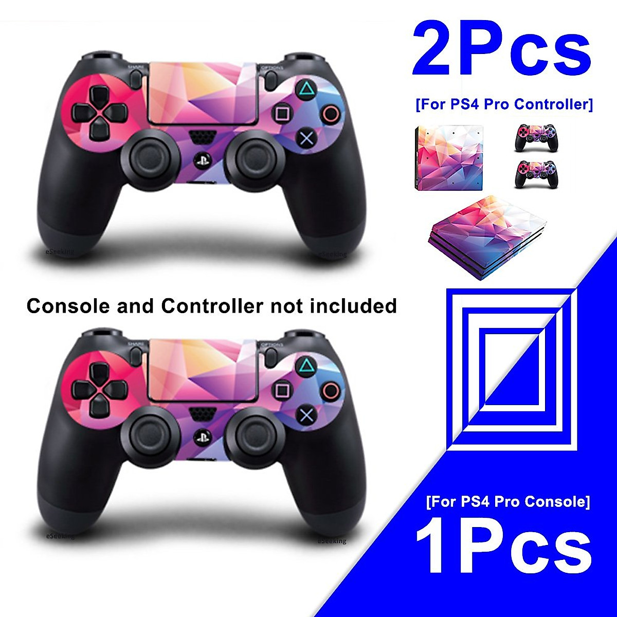 eSeeking Full Body Protective Vinyl Skin Decal For PS4 Pro Console and 2PCS PS4 Pro Controller skins Stickers Colored Triangles