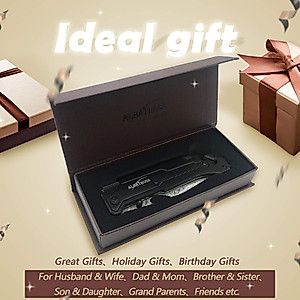 ALBATROSS 6-in-1 Modern Damascus Steel Folding Pocket Knives with LED Light,Seatbelt Cutter,Glass Breaker,Magnesium Fire Starter,Bottle Opener;Multi-Function Emergency Tool(Black-3)