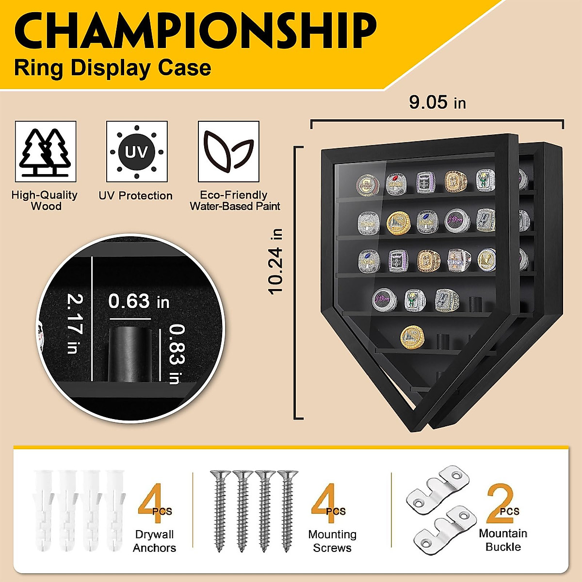 Kacorn Championship Ring Display Case, 12 Ring Posts Sports Ring Display Case Wooden Shadow Box for Baseball Basketball Football Softball Award Rings Fan Souvenirs