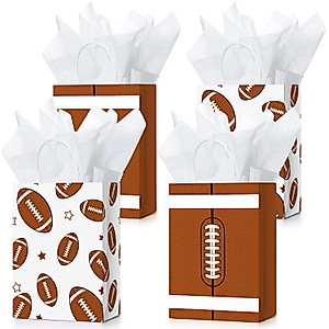 16 Pcs Sports Party Gift Bags with Tissue Paper Baseball Football Soccer Basketball Gift Goodie Favor Bags with Handle for Baseball Theme Party Girls Boys Birthday Decoration (Dark Brown, Football)