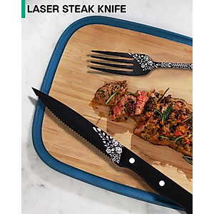 EUIRIO 8-Pieces Steak Knives,Matte Black Steak Knives Set of 8,Stainless Steel Serrated Steak Knives,Full Tang Triple-Riveted Dinner Knives with Laser Pattern,Dishwasher Safe for Kitchen Restaurant