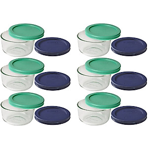 Pyrex Storage 1 Cup Round Dish, Clear with Green + Blue Lids, Pack of 6, with Green & Blue