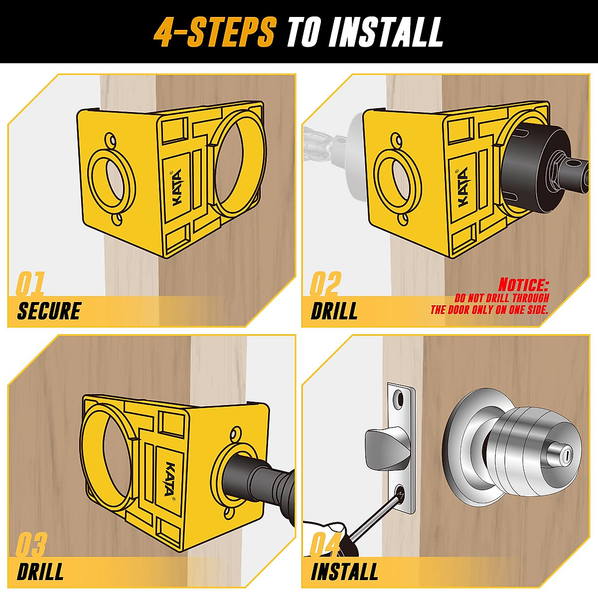 KATA 1-3/8" - 1-3/4" Door Lock Installation Kit with Large Chip-Clearance Slots, Door Lock Hole Saw for Deadbolts and Locksets for Wooden Doors with Guide Template, Carbon Steel