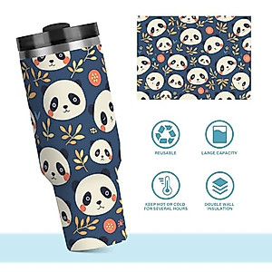 linqin Retro Panda Face Blue Vacuum Insulated Tumbler with Straw Lid 30 oz Gym Water Bottle Reusable Portable Coffee Mug for Home, Office or Car