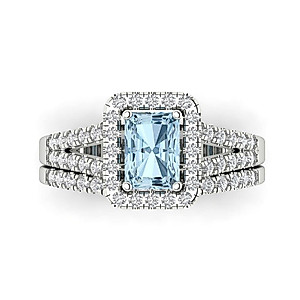 Clara Pucci 1.7 ct Emerald Halo Solitaire Genuine Natural Aquamarine Designer Art Deco Statement Wedding Ring Band Set 18K White Gold 11