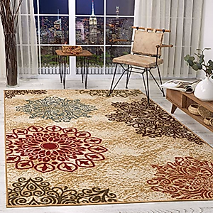 Antep Rugs Alfombras Modern Floral 5x7 Non-Skid (Non-Slip) Low Profile Pile Rubber Backing Indoor Area Rugs (Beige, 5' x 7')