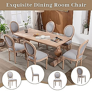 civama Dining Chairs Set of 4 French Vintage, Mid Century Upholstered Farmhouse Fabric Chair with Round Backrest and Solid Rubberwood Leg for Dining Room Bedroom Kitchen Restaurant, Light Grey