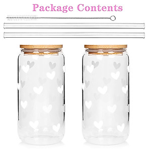 Iced Coffee Cups, Can Shaped Glass Cups, 20 OZ Hearts Cup Beer Glass, Love Can Couple Drinking Glasses, Glass Cup with Bamboo Lids and Straws - 2 Sets