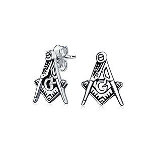 Tiny Square And Compass Masonic Freemason Stud Earrings For Women For Men Oxidized .925 Sterling Silver
