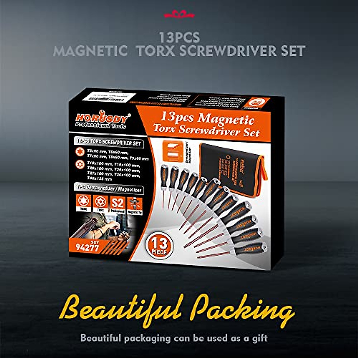 HORUSDY 13-Piece Magnetic Torx Screwdrivers Set, S2 Steel T5 - T40 Star Screwdrivers Set