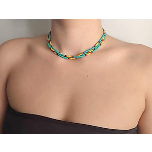 Beaded Choker Necklace for women and Teen Girls, Boho Bohemian Hippie Adjustable Colorful Seed Beads Necklace, Handmade Native American Western Style Jewelry by TRIBES (Turquoise)