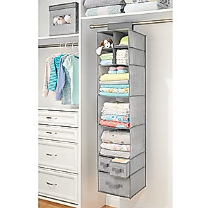 mDesign Soft Fabric Over Closet Rod Hanging Storage Organizer with 7 Shelves and 3 Removable Drawers for Child/Kids Room or Nursery - Herringbone Print, 2 Pack - Gray