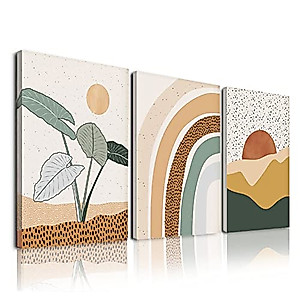 Boho Wall Art Set Of 3, Canvas Print Mid-Century Modern Wall Art Decor 12"x16" Framed Minimalist Sun Plant Geometric Abstract Neutral Boho Wall Decor for Bedroom, Bathroom, Living Room, Office