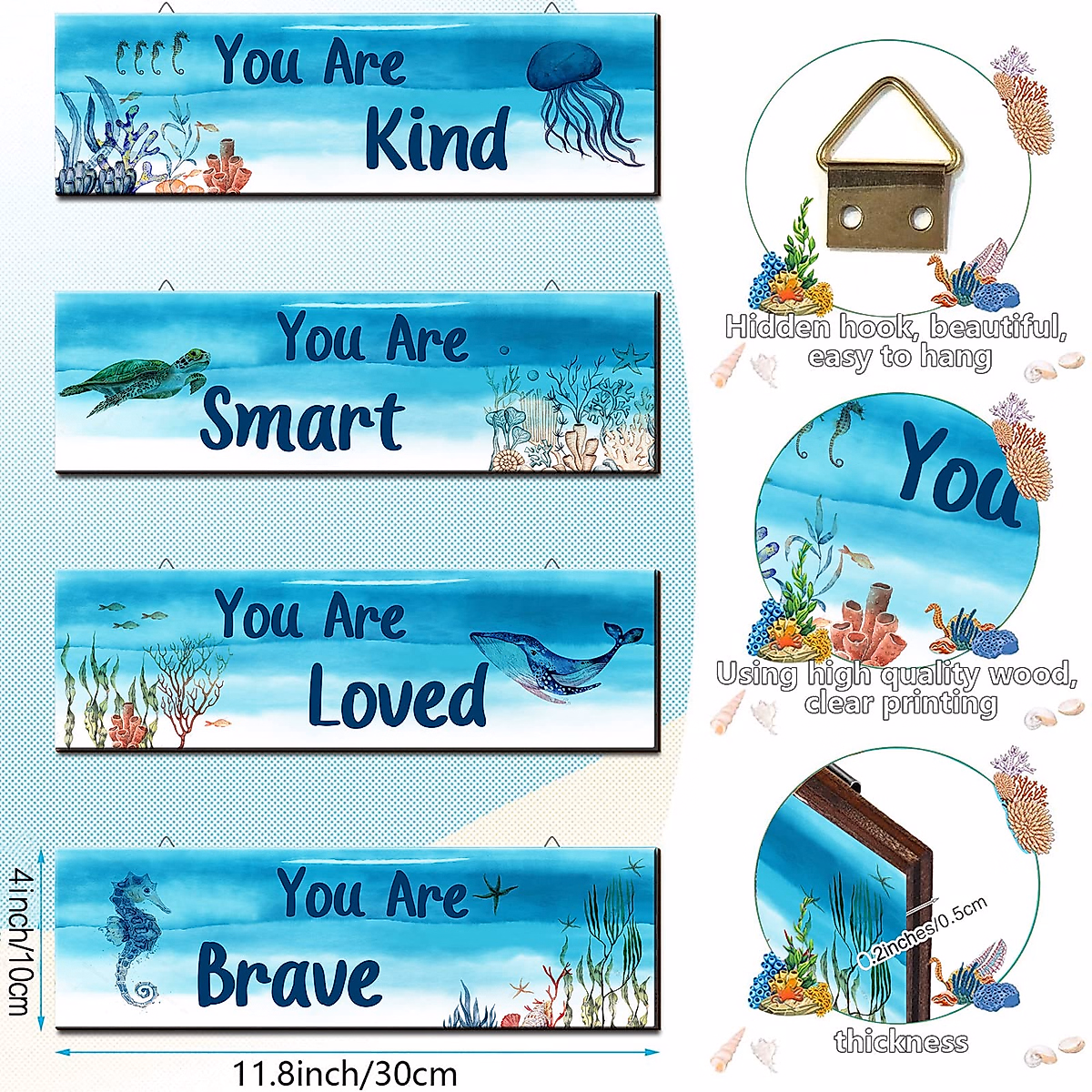 Underwater World Wooden Wall Art Children's Room Wall Decor Sea Creatures YOU ARE Series Home Decorations for Bedroom Blue Ocean Nautical Theme Wall Art Turtle Starfish Dolphin Coral Reef Gift Artwork