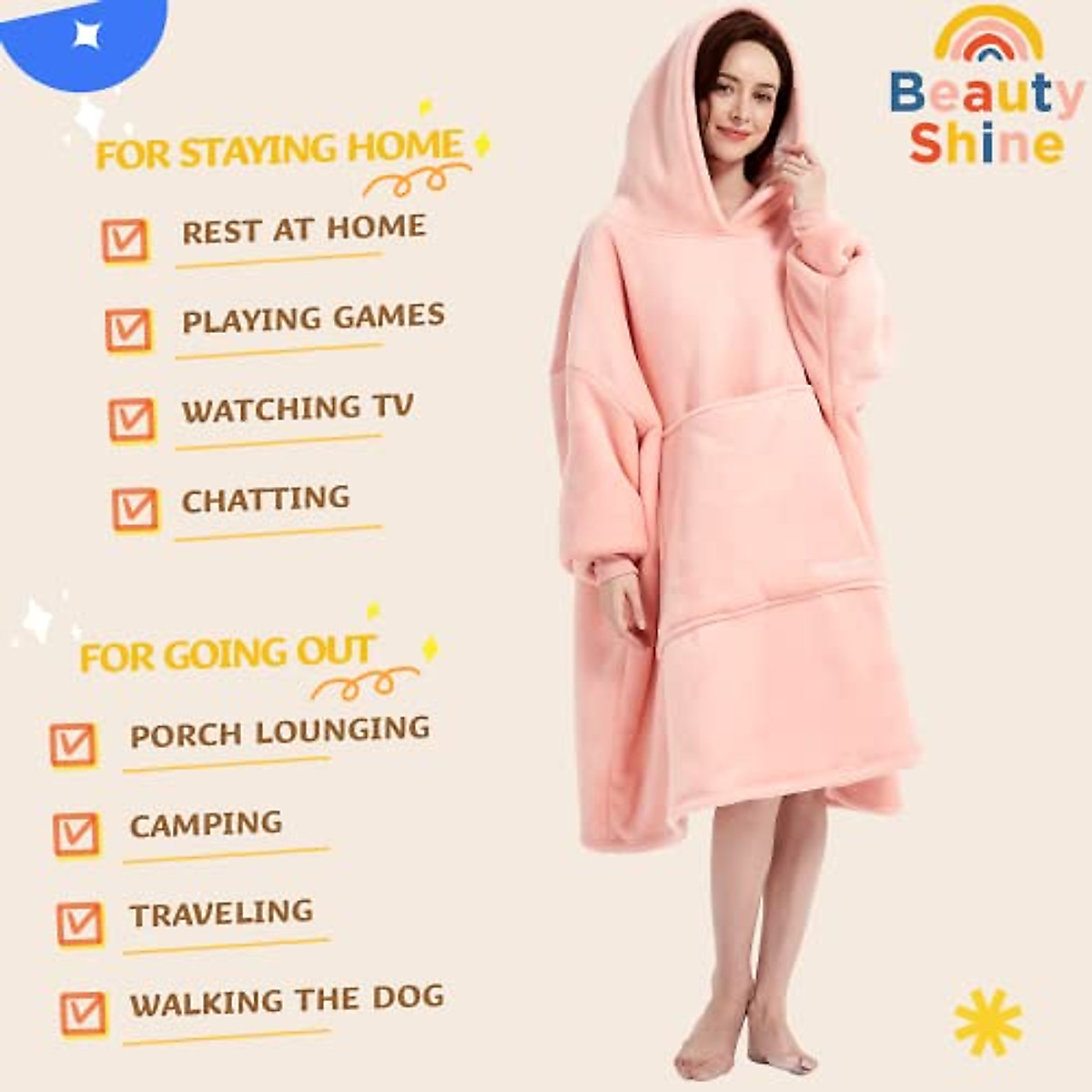 Beauty Shine Oversized Wearable Blanket Hoodie with Zipper, Women and Men Sherpa Blanket, Kangaroo Pocket, Pullover for Adults Fits All(Soft Pink,Original)
