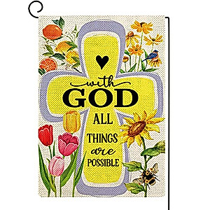 ORTIGIA Spring Easter Garden Flag 12x18Inch With God All Things are Possible Burlap Vertical Double Sided Summer Bee Sunflowers Yard Flag Easter Tulips Seasonal Farmhouse Outdoor Flag