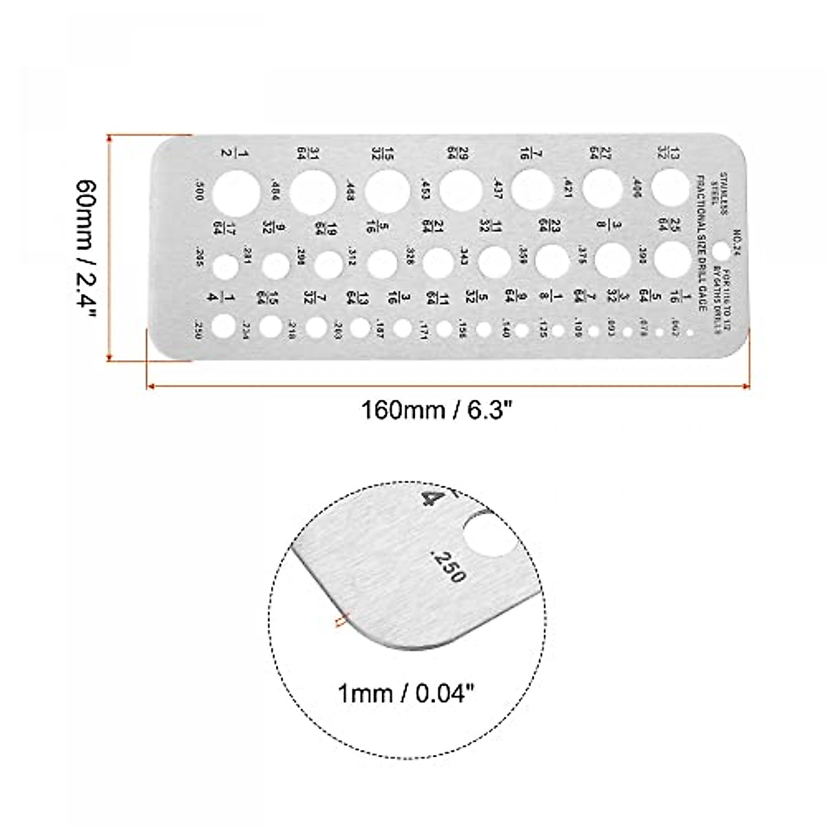 uxcell Stainless Steel Fractional Size Drill Gauge for 1/16-1/2 Inch Size Bits, Diameter Index Gauge