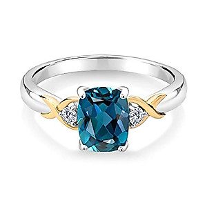 Gem Stone King 925 Silver and 10K Yellow Gold 8X6MM Cushion Cut Gemstone Birthstone and 2MM White Lab Grown Diamond 3-Stone Engagement Ring | Wedding Anniversary Promise Ring For Women