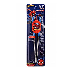 Lilfant Super Hero Spider Stainless Steel Training Chopsticks, Finger Ring Can Be Moved for Right or Left Handed, Made in Korea (A), 6.7in
