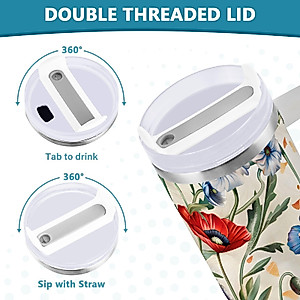 FENOCHE Red Poppy Flowers Butterfly 30 oz Tumbler Insulated Cups Stainless Steel Water Bottle with Handle Lid and Straw Tumblers for Car Cup Holder