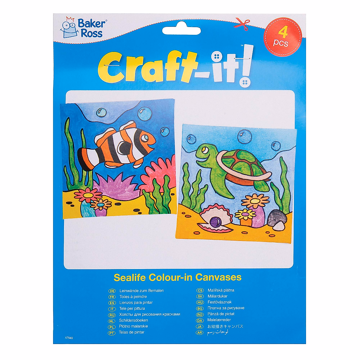 Baker Ross AT940 Sealife Color in Pictures for Kids - Pack of 4, Kids Canvases for Painting, Coloring and Craft Project Displays