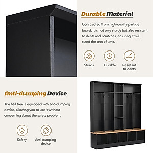 67" W Hall Tree with Shoe Storage Bench, Minimalist Entryway Bench with Coat Rack, Cube Storage and Shelves, Multifunctional Mudroom Bench with Storage and 8 Hooks for Entryway, Hallway (Black)