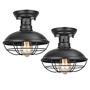 2 Pack Farmhouse Flush Mount Ceiling Light - Easric Industrial Ceiling Light Fixture Rustic Black Metal Cage Close to Ceiling Lamp E26 Base for Hallway Foyer Kitchen Porch