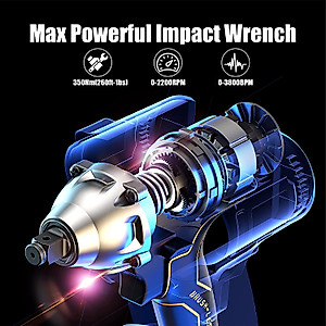 Hongmai 21V MAX Cordless Impact Wrench with 4.0Ah Li-ion Battery, 1/2 Inch, 260 Ft-lbs(300N.m) Max Variable Speed, Fast Charger, Sockets Set, Tool Box