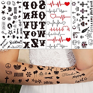 TASROI 18 Sheets Black Inspired Quotes Temporary Tattoos For Women Kids Children Long Lasting Letter Alphabet Words Fake Tattoo Stickers Birds Cross ECG infinity Moon Star Neck Arm Tatoo For Men Adult